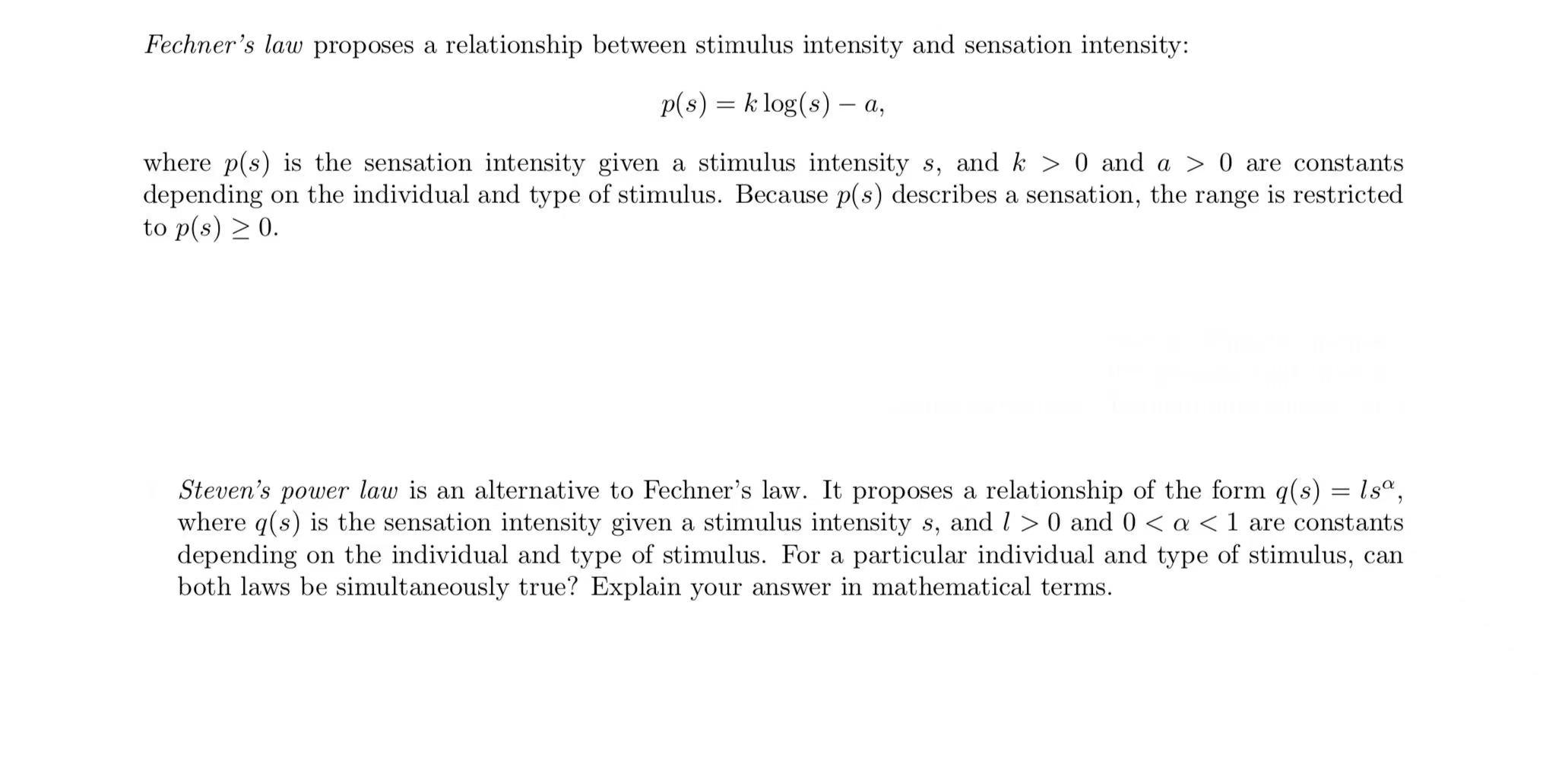 Solved Fechner's law proposes a relationship between | Chegg.com