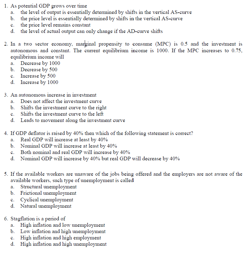 Solved 1. As potential GDP grows over time a. the level of | Chegg.com