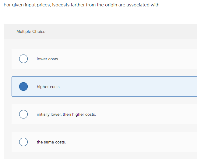 Solved For given input prices, isocosts farther from the | Chegg.com