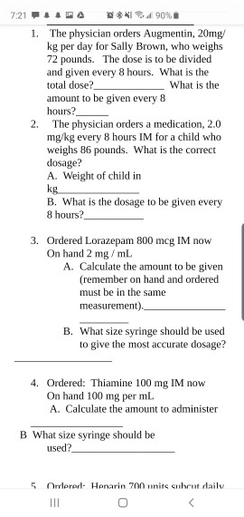 Solved 7:21 HPA 90% is 100 mg. When Clark's rule is used A. | Chegg.com