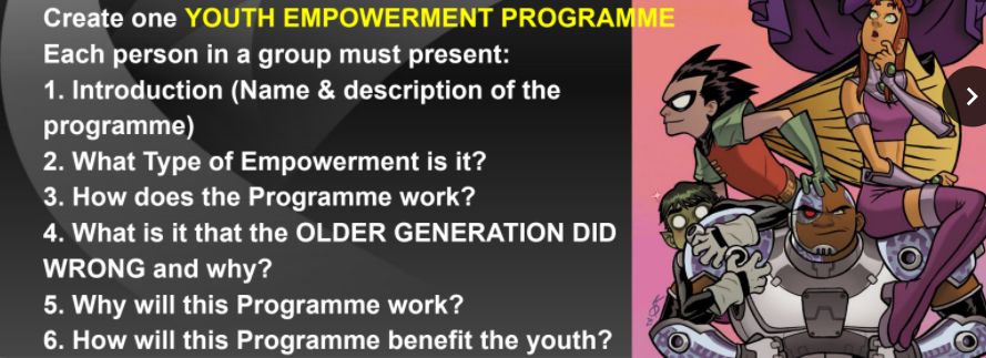 Solved Create one YOUTH EMPOWERMENT PROGRAMME Each person in | Chegg.com