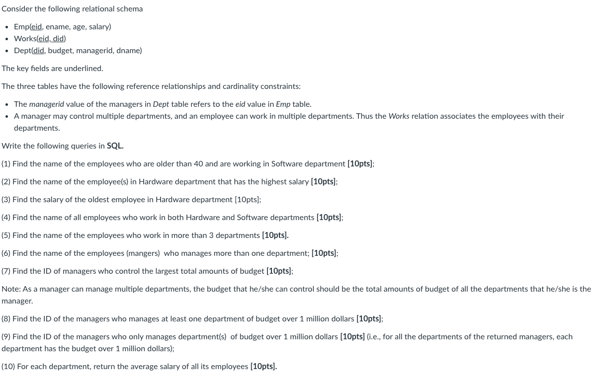 Solved Consider the following relational schema - Emp(eid, | Chegg.com