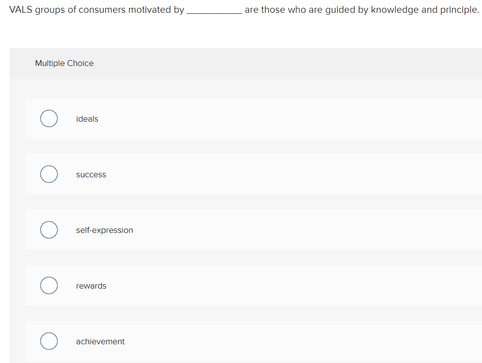 Solved VALS groups of consumers motivated byare those who | Chegg.com