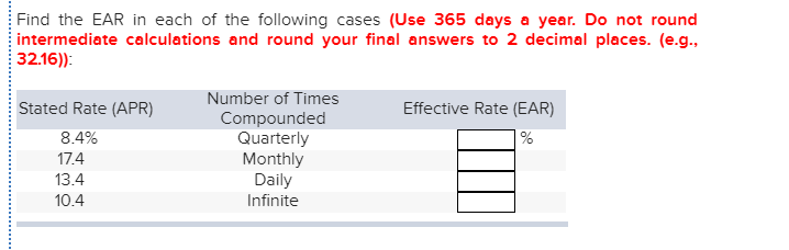 Solved Find the EAR in each of the following cases (Use 365 | Chegg.com