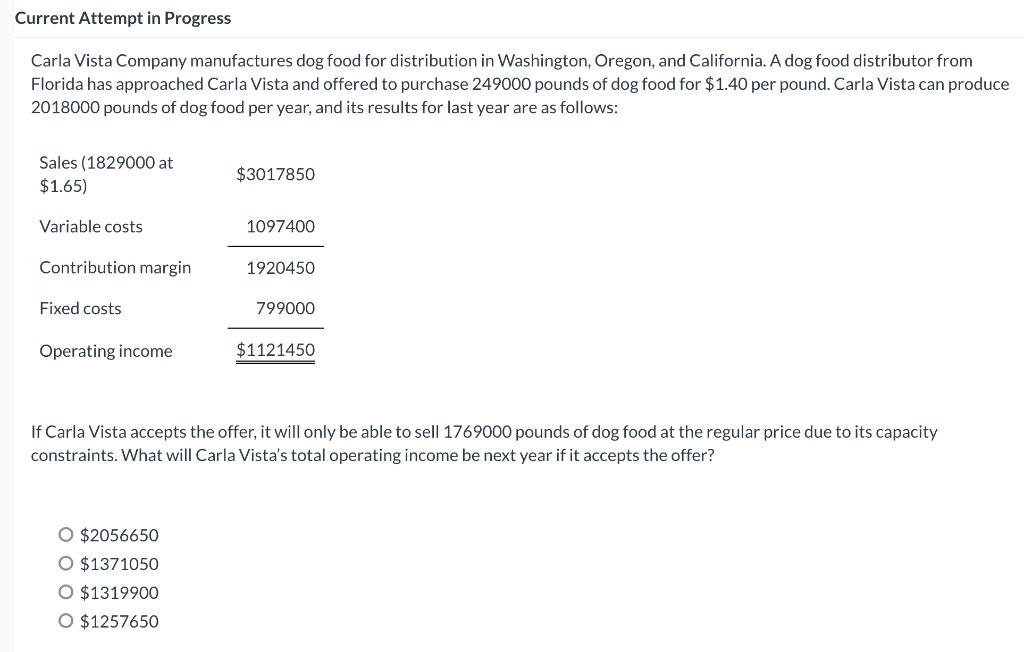 Solved Current Attempt in Progress Carla Vista Company | Chegg.com
