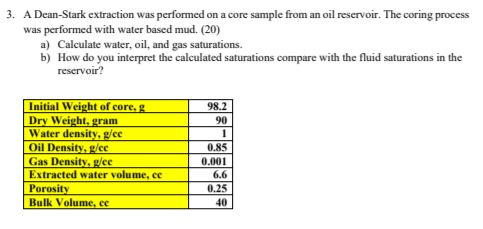 Solved 3. A Dean-Stark extraction was performed on a core | Chegg.com