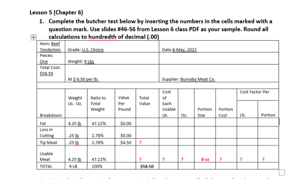 Solved esson 5 (Chapter 6 ) 1. Complete the butcher test | Chegg.com