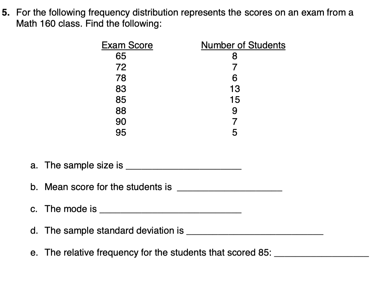 Solved 5. For the following frequency distribution | Chegg.com