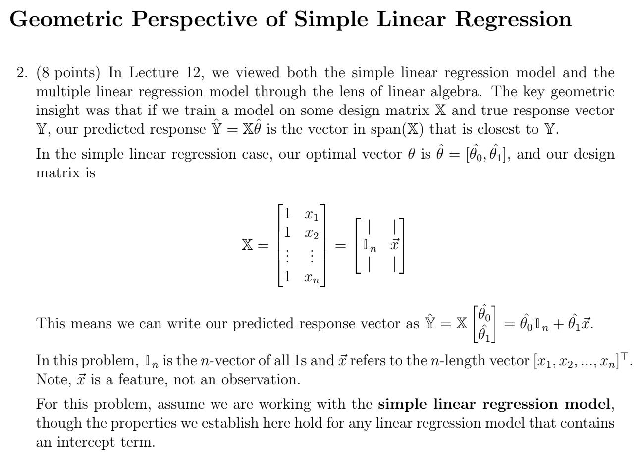Solved Geometric Perspective of Simple Linear Regression 2. | Chegg.com