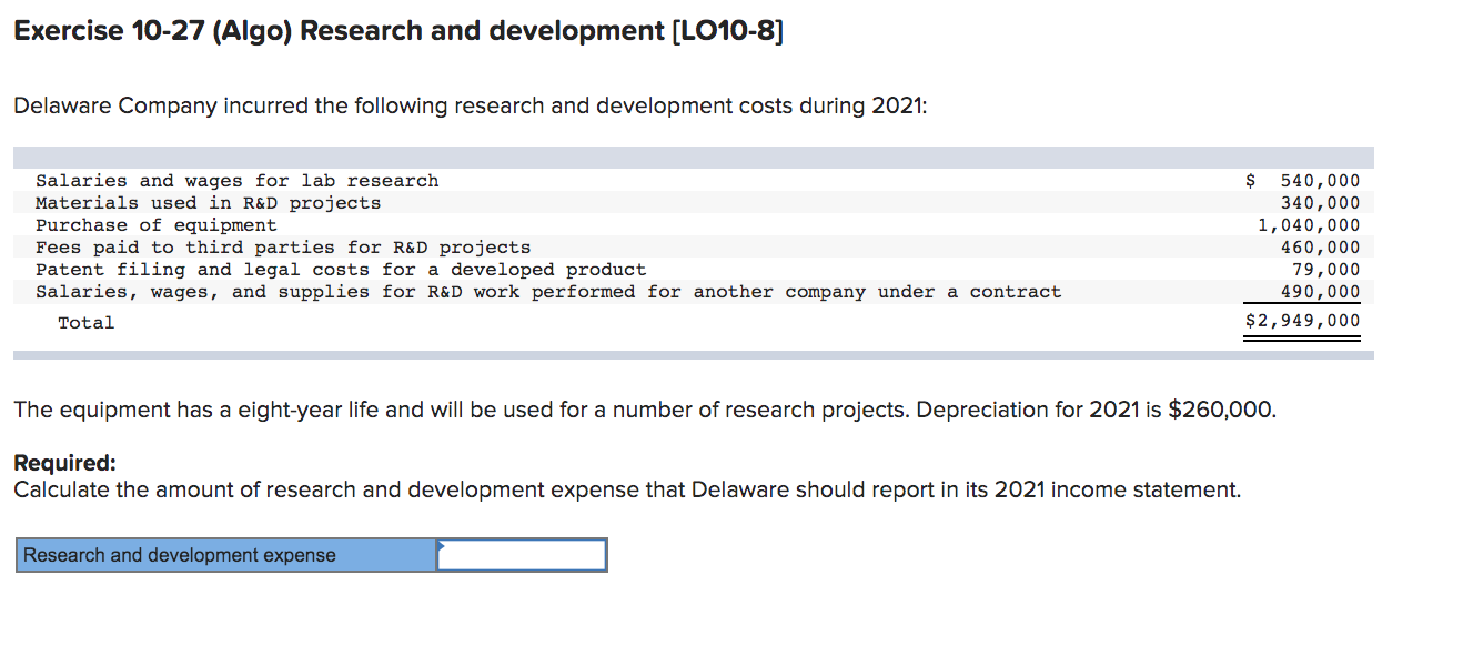 Solved Exercise 10-27 (Algo) Research and development | Chegg.com