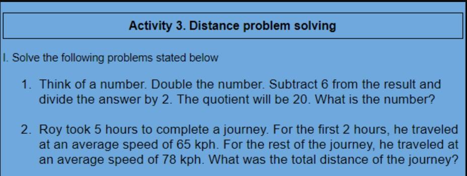 Solved Activity 3. Distance problem solving 1. Solve the | Chegg.com