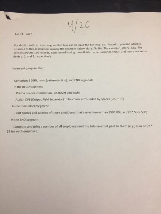 Solved 2 G Lab 11. For this lab write an awk program that | Chegg.com