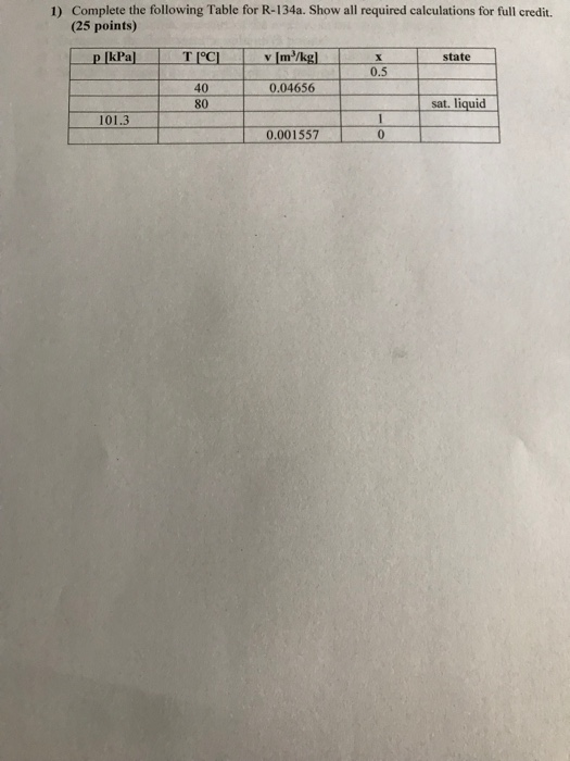 Solved 1) Complete the following Table for R-134a. Show all | Chegg.com
