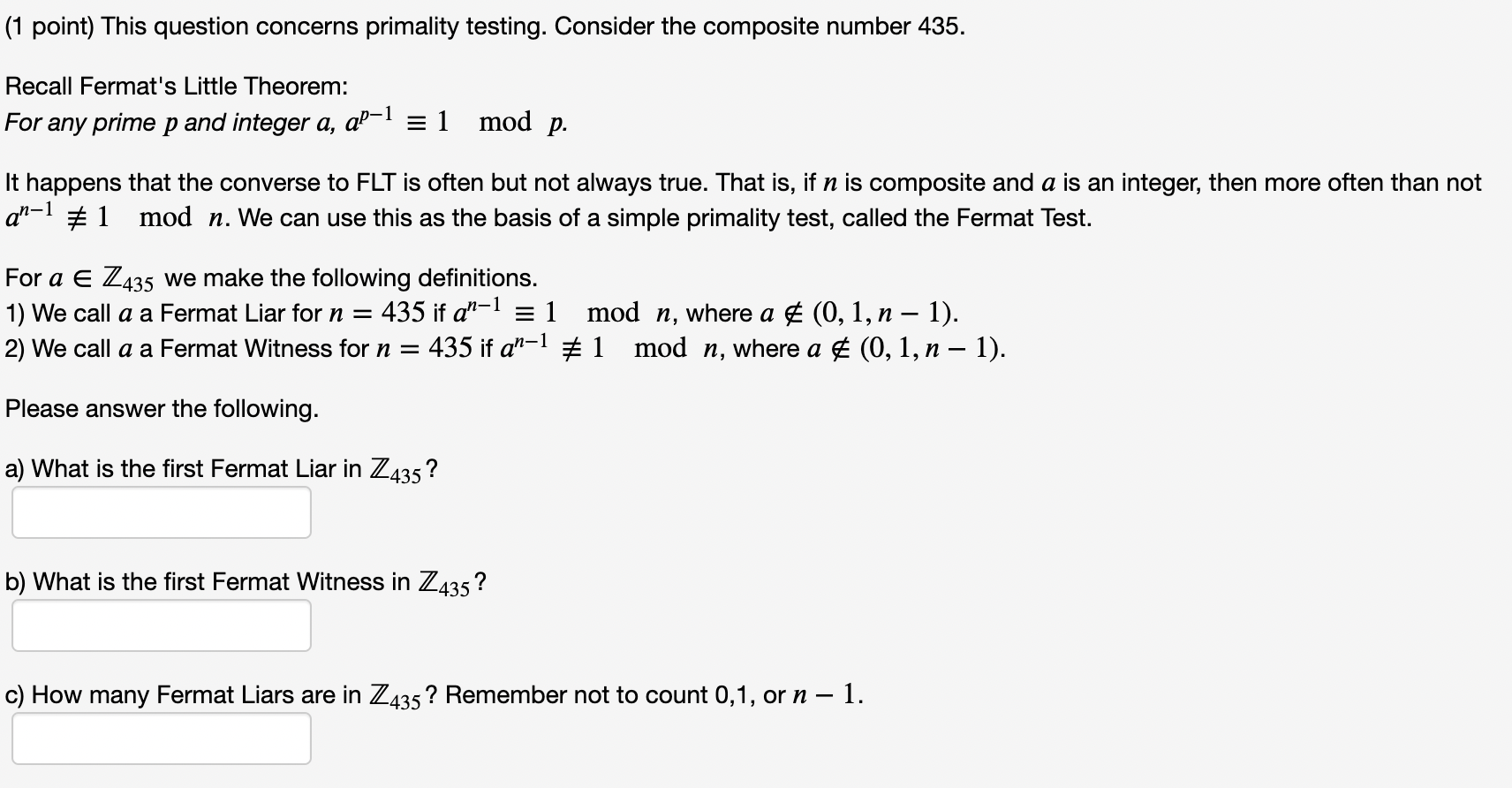 Solved (1 ﻿point) ﻿This question concerns primality testing. | Chegg.com