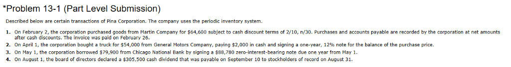 Solved Problem 13-1 (Part Level Submission) Described below | Chegg.com