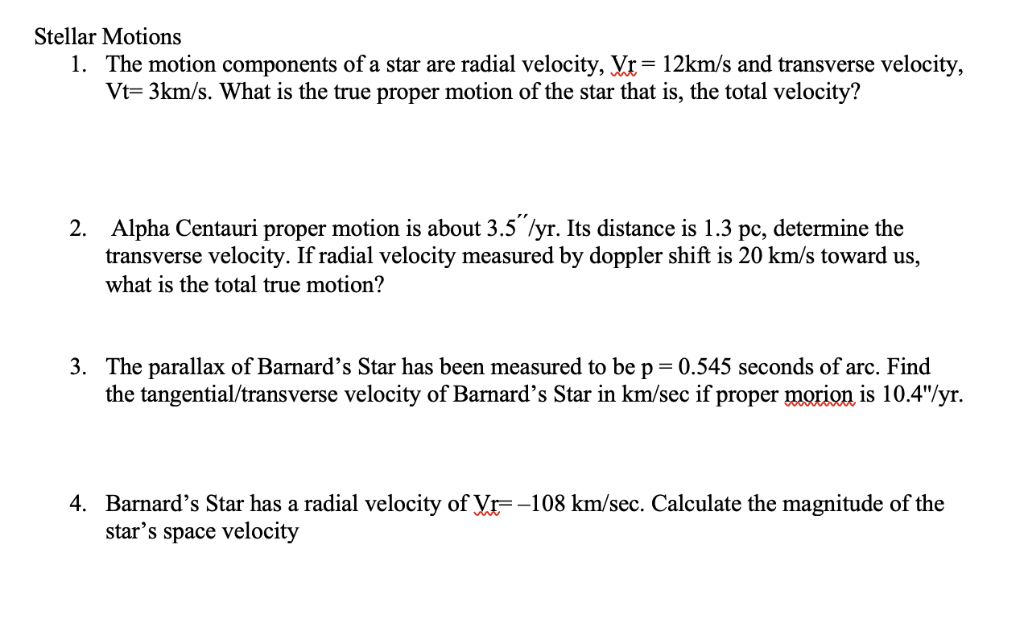 Solved Stellar Motions 1. The motion components of a star | Chegg.com