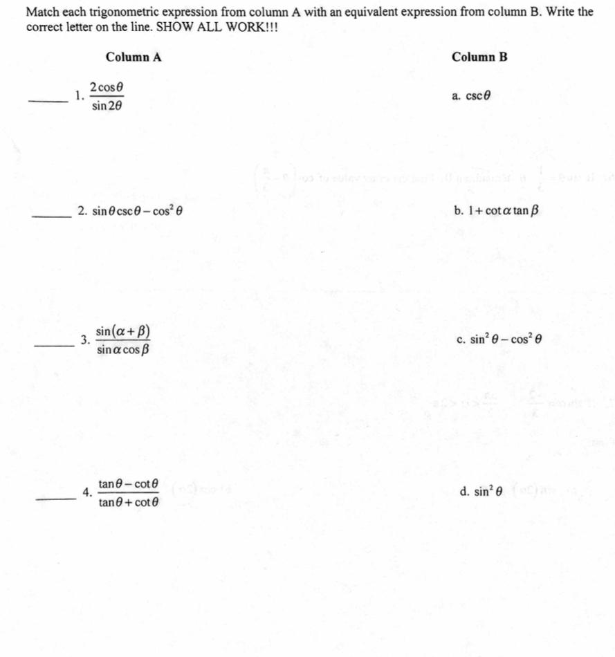Solved Match each trigonometric expression from column A | Chegg.com