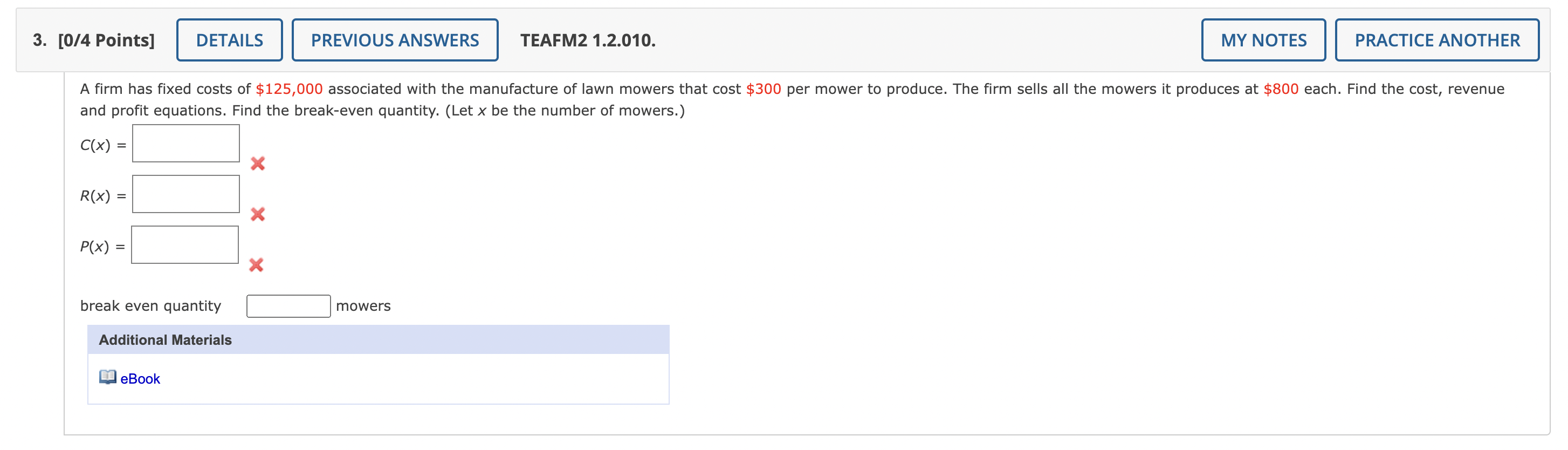 Solved and profit equations. Find the break-even quantity. | Chegg.com