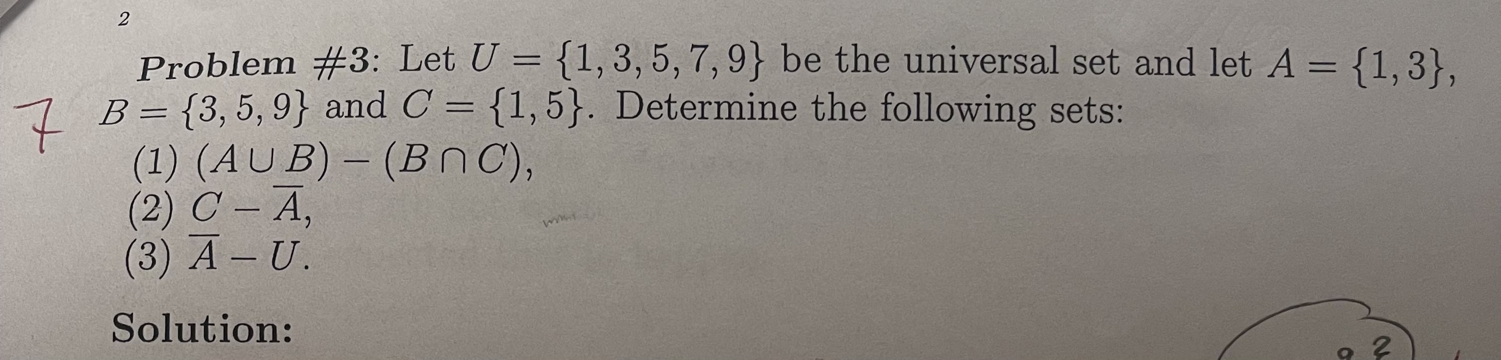 Solved Problem \#3: Let U={1,3,5,7,9} be the universal set | Chegg.com