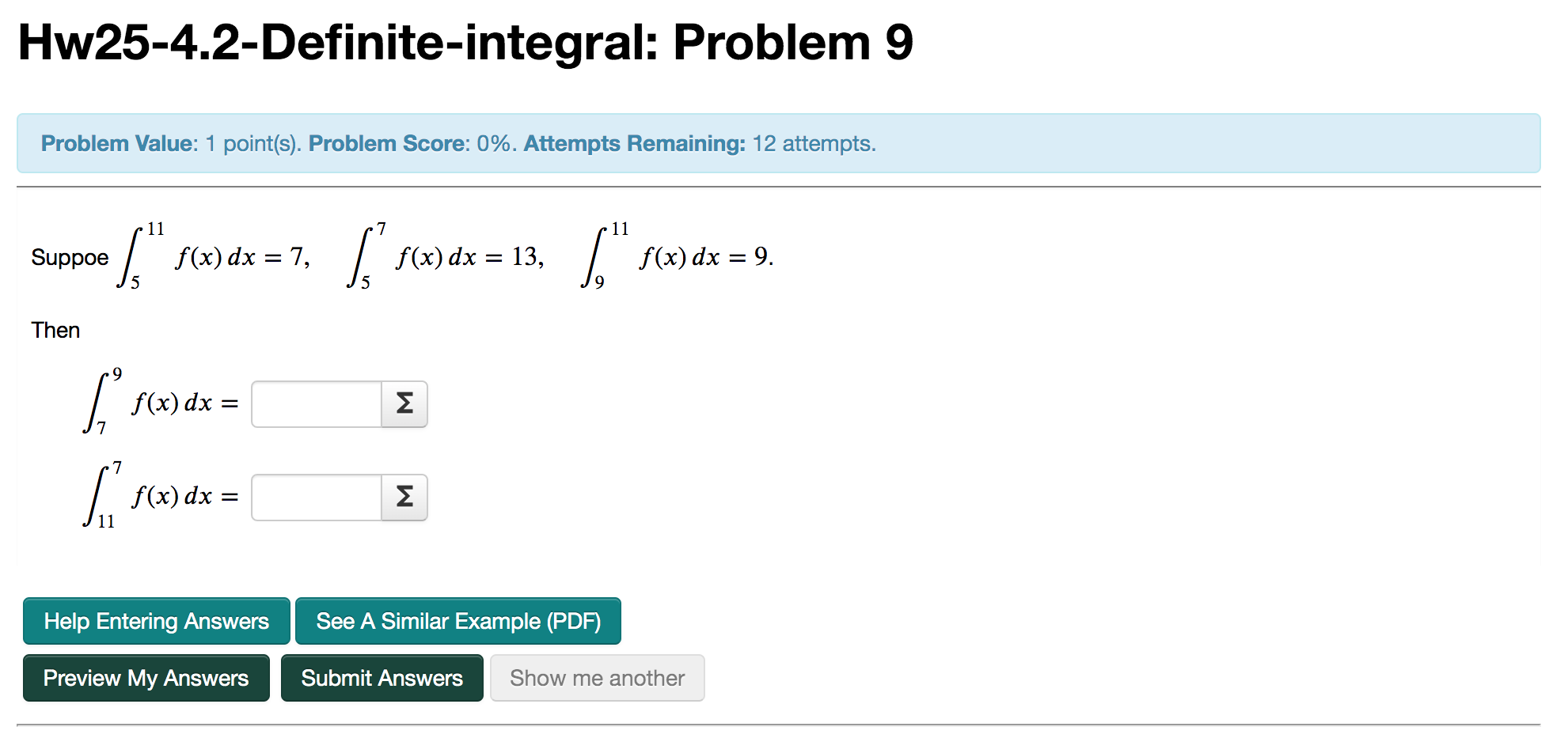 Solved Hw25-4.2-Definite-integral: Problem 9 Problem Value: | Chegg.com