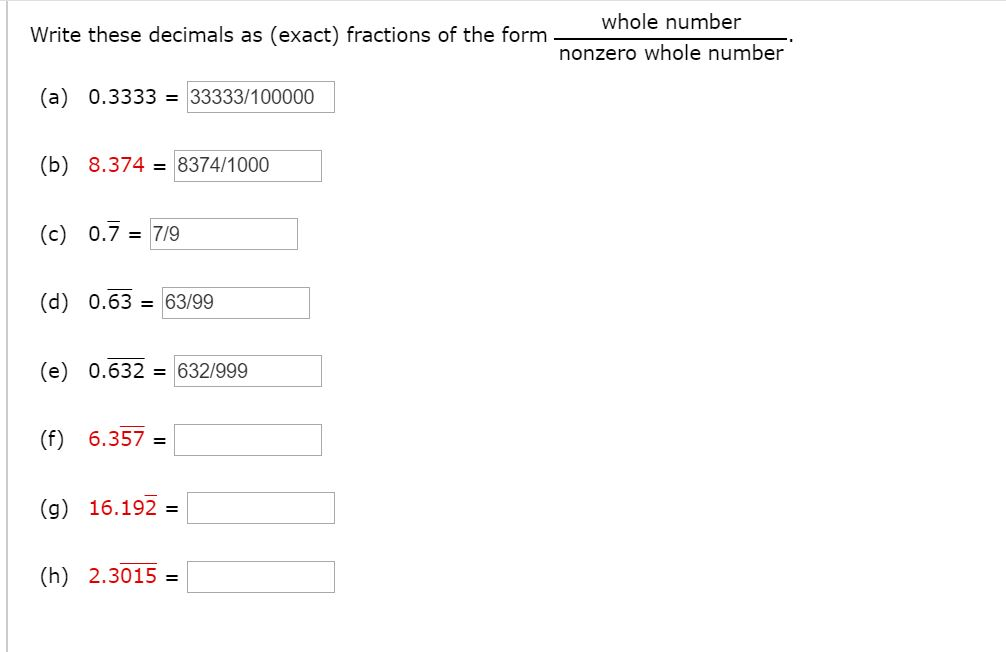 Solved whole number Write these decimals as (exact) | Chegg.com