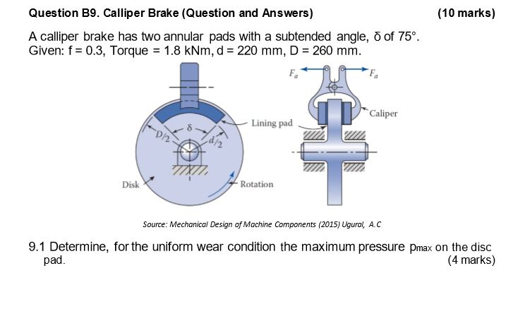 Solved (10 marks) Question B9. Calliper Brake (Question and | Chegg.com