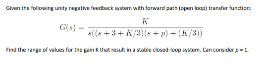 Solved Given the following unity negative feedback system | Chegg.com