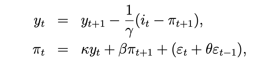 Solved yt=yt+1−γ1(it−πt+1)πt=κyt+βπt+1+(εt+θεt−1) | Chegg.com