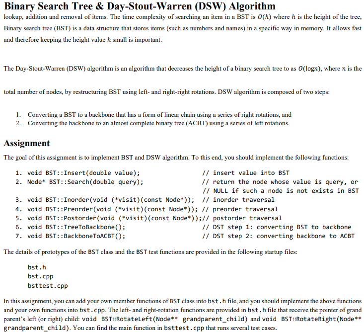 Solved Binary Search Tree & Day-Stout-Warren (DSW) Algorithm | Chegg.com
