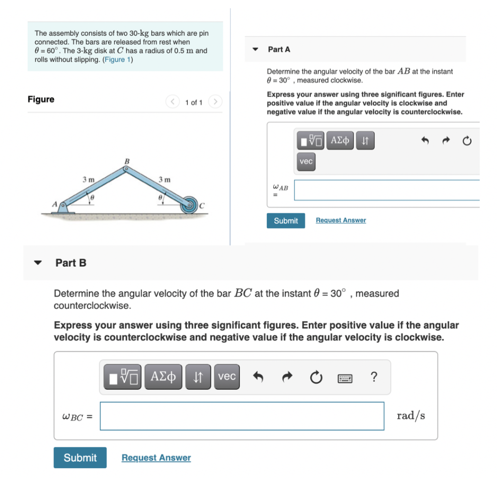 Solved The assembly consists of two 30-kg bars which are pin | Chegg.com