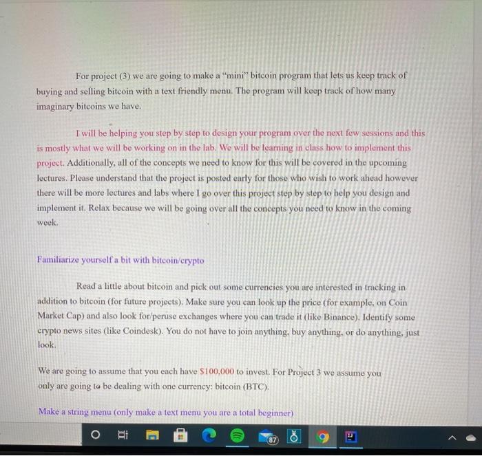 Solved For project (3) we are going to make a "mini" bitcoin | Chegg.com