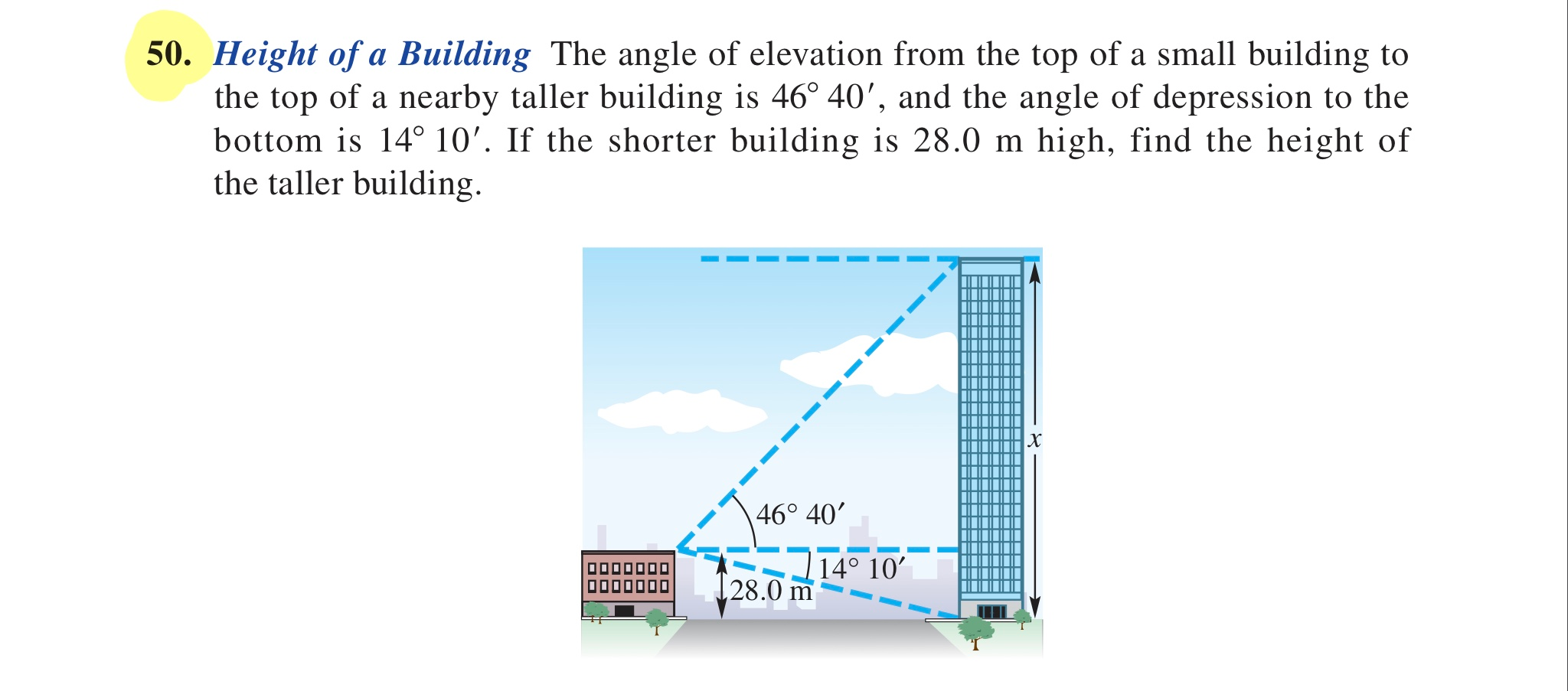 Solved 50. Height of a Building The angle of elevation from | Chegg.com