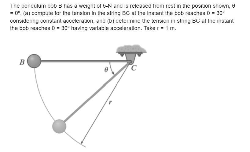 [Solved]: The pendulum bob B has a weight of 5-N and is re