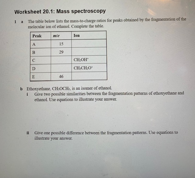 Solved Worksheet 20.1: Mass spectroscopy 1 a The table below | Chegg.com