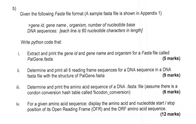 b) Given the following Fasta file format (A sample | Chegg.com
