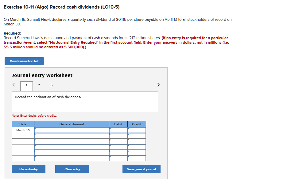 Solved Exercise 10-11 (Algo) ﻿Record cash dividends | Chegg.com