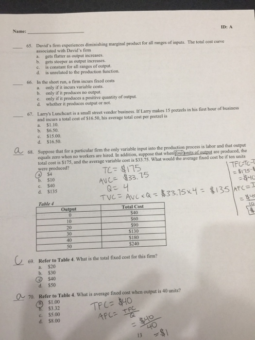 Solved Name: ID: A 65. David's firm experiences diminishing | Chegg.com