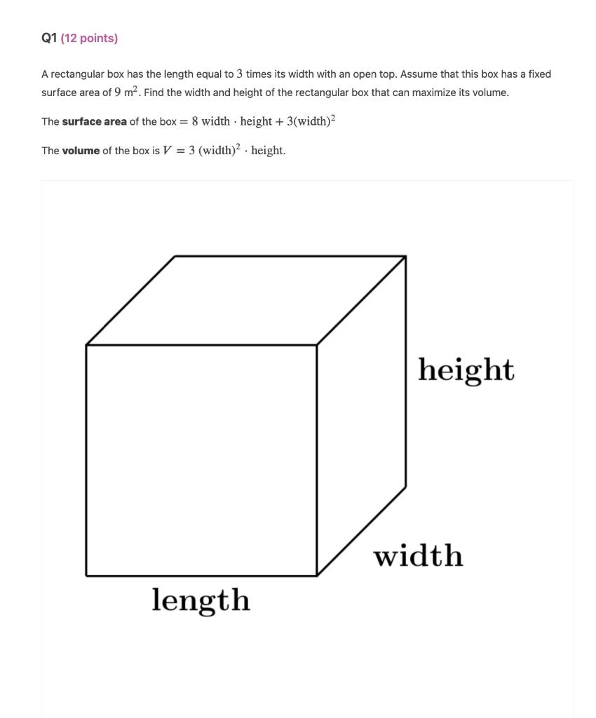 Solved Q1 (12 points) A rectangular box has the length equal | Chegg.com