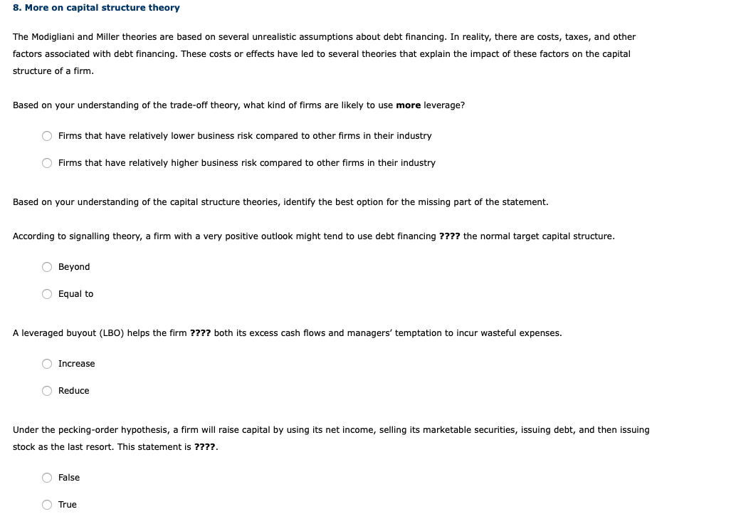 Solved 8. More on capital structure theory The Modigliani | Chegg.com