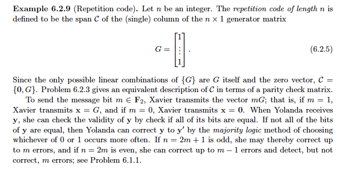 Solved Example 6.2.9 (Repetition code). Let n be an integer. | Chegg.com