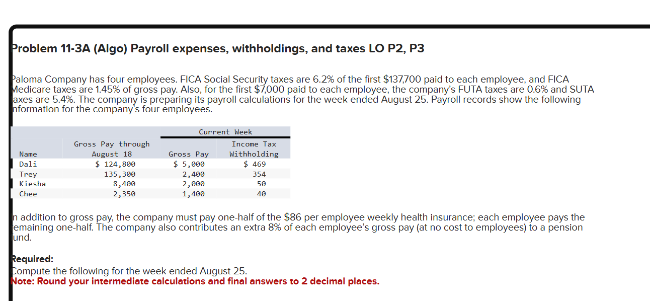 Solved Problem 11-3A (Algo) Payroll expenses, withholdings, | Chegg.com