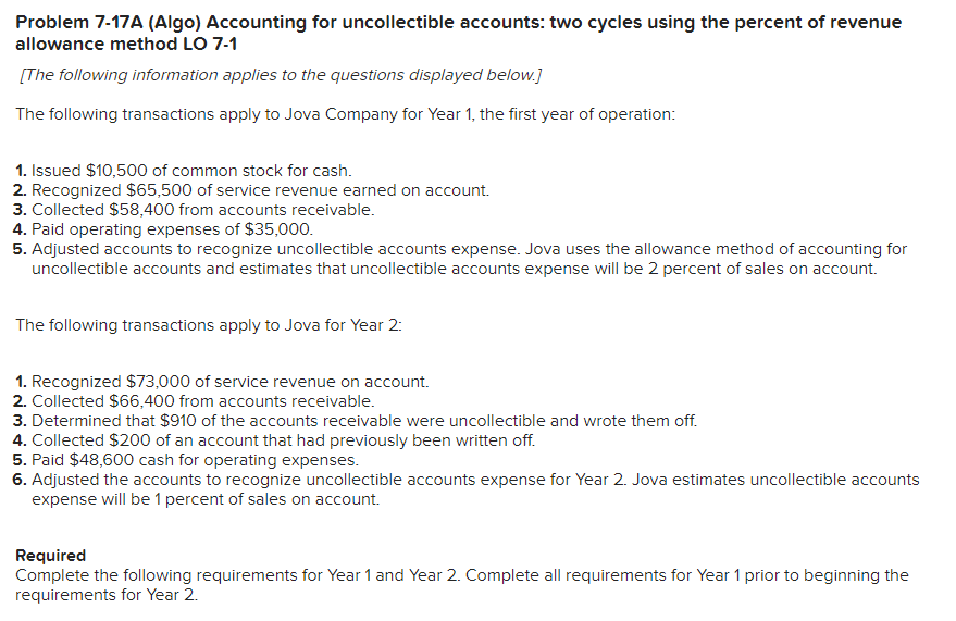 Solved Problem 7-17A (Algo) Accounting for uncollectible | Chegg.com