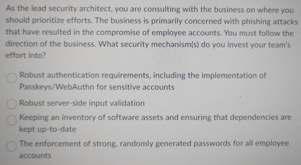 Solved As the lead security architect, you are consulting | Chegg.com