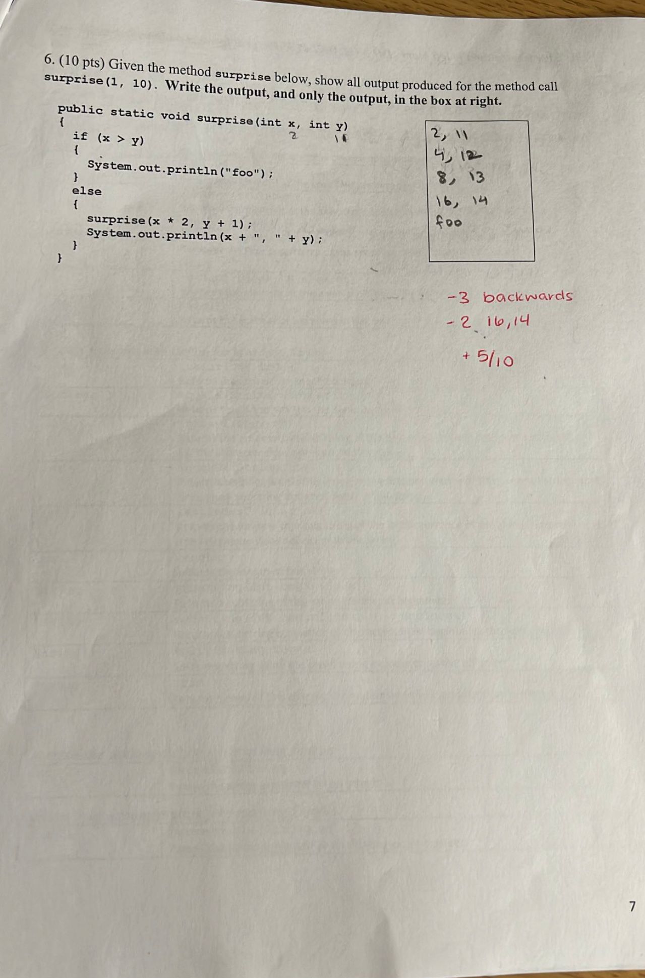 Solved 6. (10 pts) Given the method surprise below, show all | Chegg.com