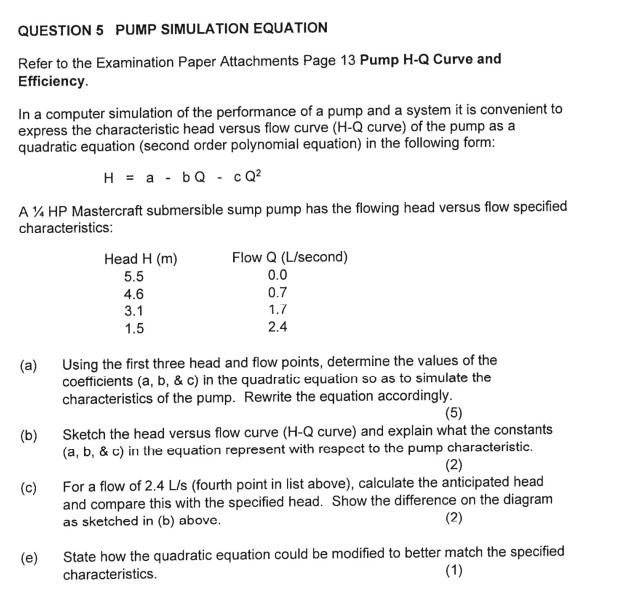 Solved QUESTION 5 PUMP SIMULATION EQUATION Refer to the | Chegg.com