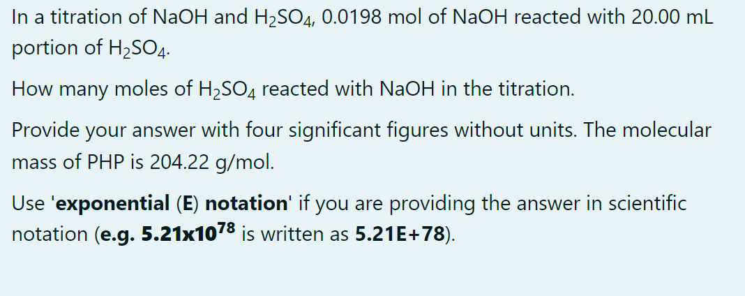Solved In a titration of NaOH and H2SO4, 0.0198 mol of NaOH | Chegg.com