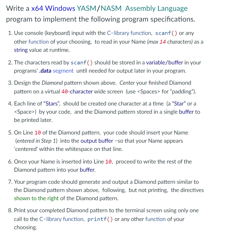 x64 Windows Assembly Language DIAMOND NAME PROGRAM | Chegg.com