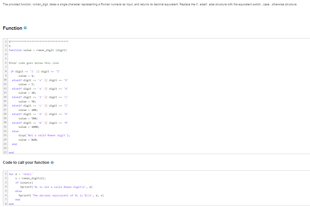 Solved Function 0 unction value = roman_digit (digit) XYour | Chegg.com