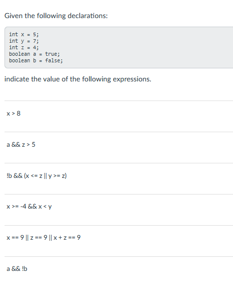 Solved Given the following declarations: int x = 5; int y = | Chegg.com