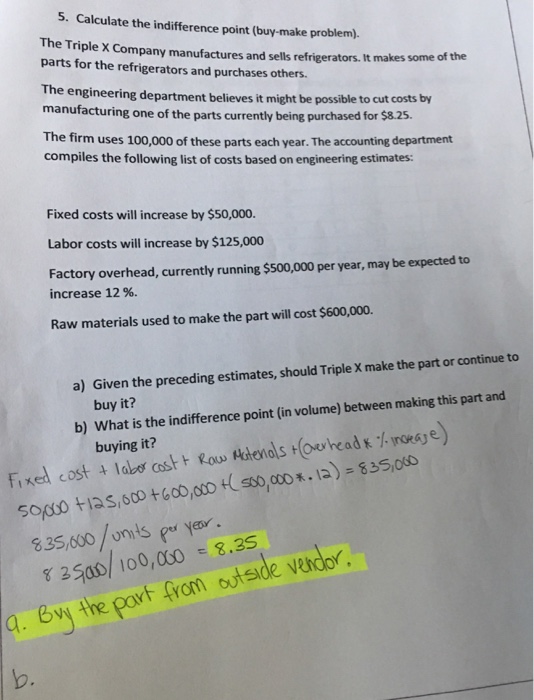 Solved I am not sure how to calculate the indifference point | Chegg.com